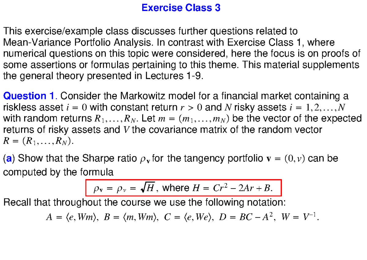 ECON30382 - Exercise Class 3: Portfolio Analysis Proofs and Concepts ...