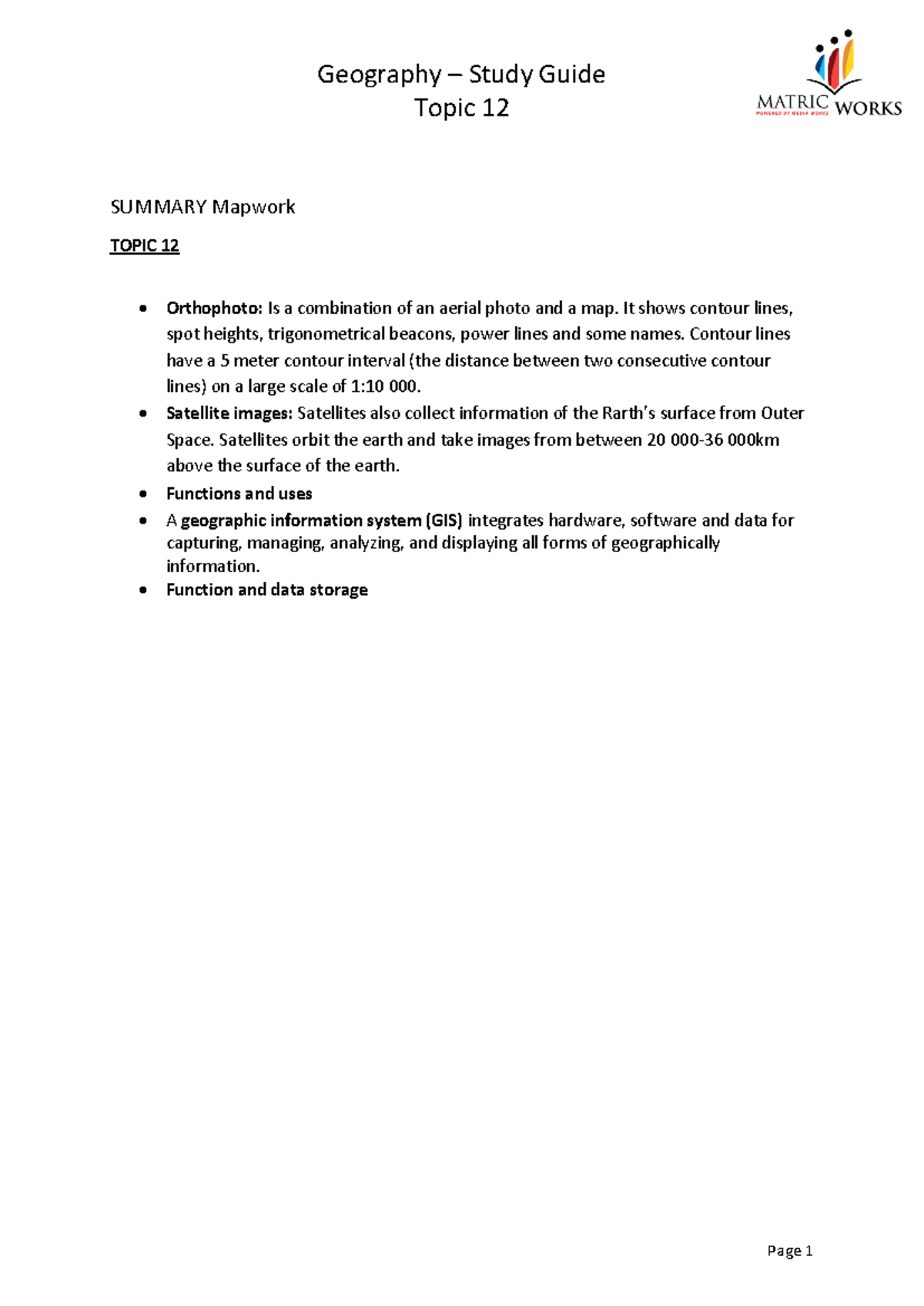 Summary Mapwork topic 12 - Geography – Study Guide Topic 12 Page 1 ...