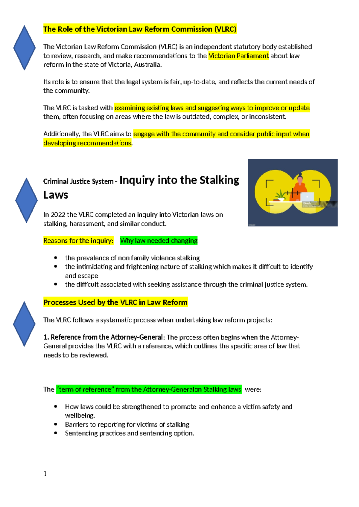 Notes on the VLRC's Inquiry into Stalking Laws (JC2024) - Studocu