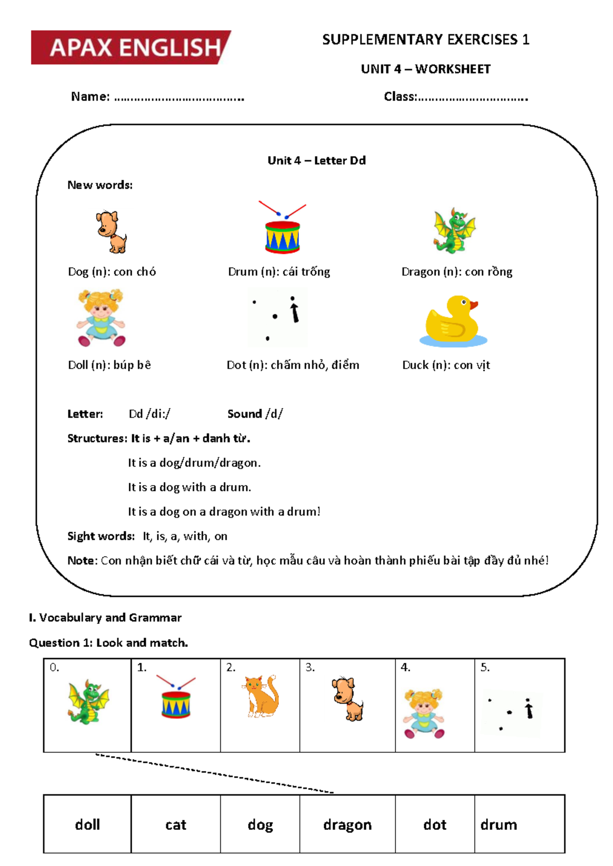 Grade 1 - Unit 4 Vocabulary & Grammar Worksheet - Studocu