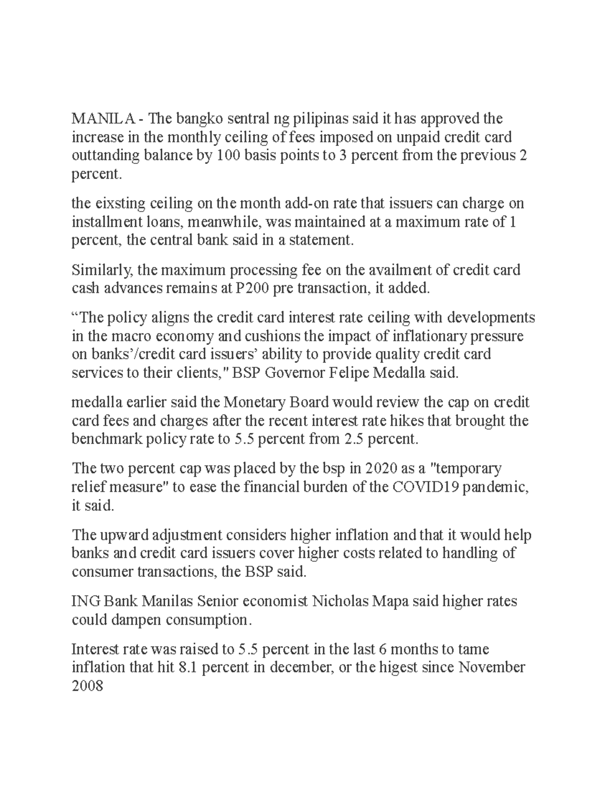 Brigada Narrative Report: BSP Credit Card Fee Adjustments & Weather ...