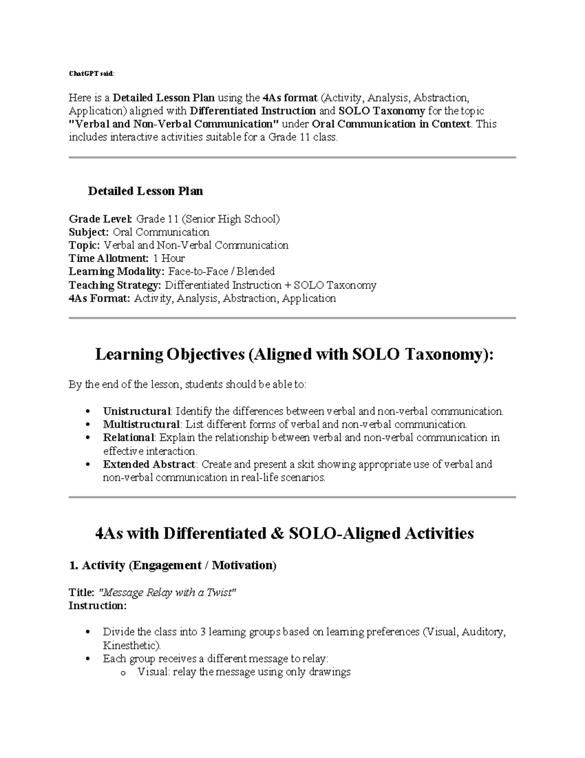 Detailed Lesson Plan for Oral Communication (Grade 11) - 4As Format ...