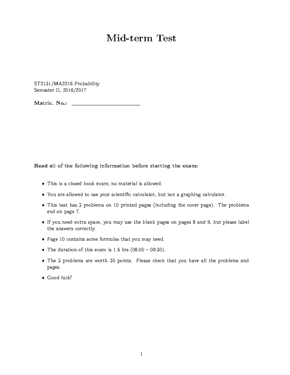Mid-term Exam ST2131/MA2216 Probability 2016: Questions & Instructions ...