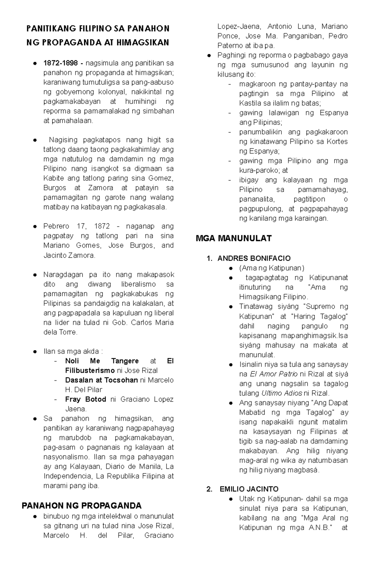 Reviewer: Panahon ng Propaganda at Himagsikan (1872-1898) - Studocu