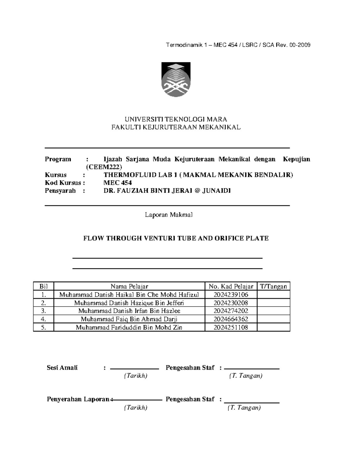 MEC 454 Lab Report: Flow Through Venturi Tube & Orifice Plate - Studocu