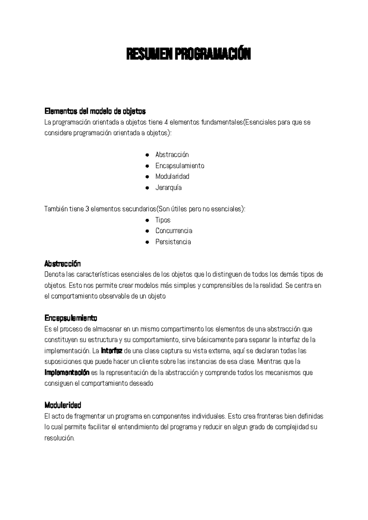 Resumen de Programación Orientada a Objetos (POO) - Elementos Clave - Studocu