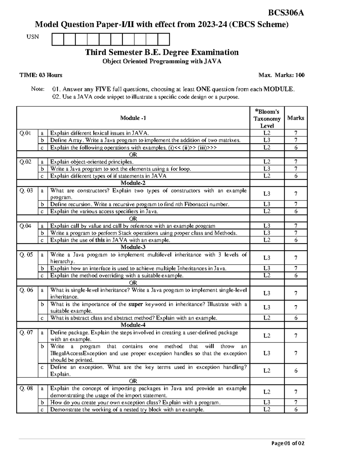 BCS306A Object Oriented Programming Model Questions (CBCS Scheme) - Studocu