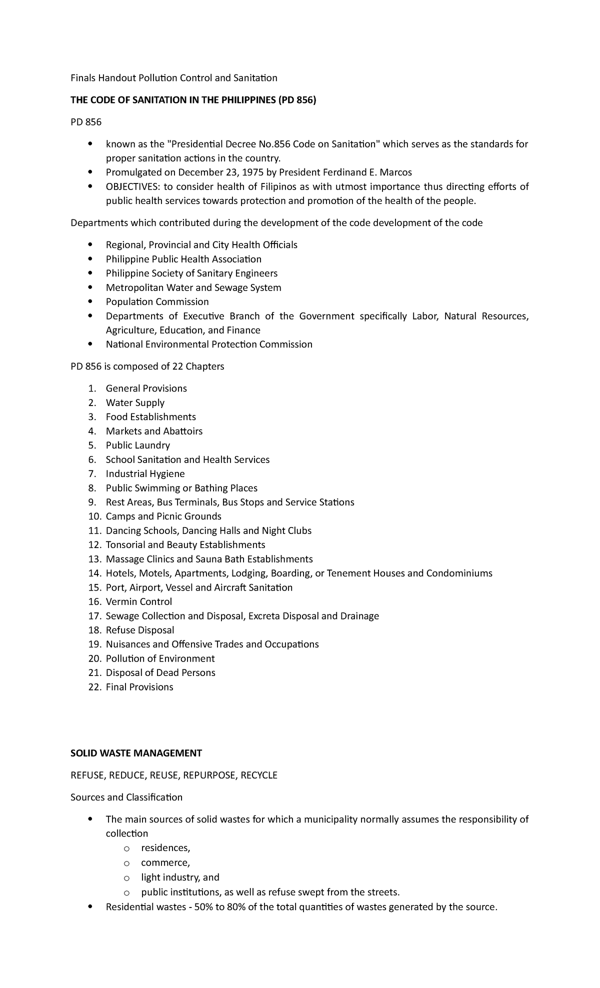 Finals Handout: Pollution Control & Sanitation (PD 856) - Solid Waste ...