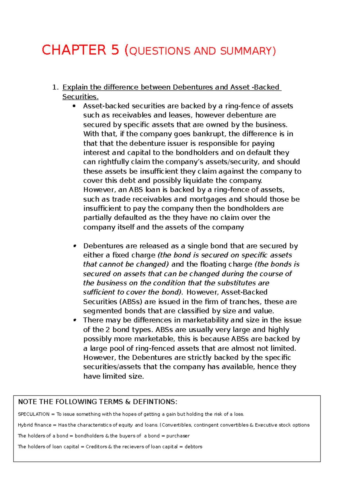 FBS 122 - CH5 & 15 Summary and Practice Questions on Securities - Studocu