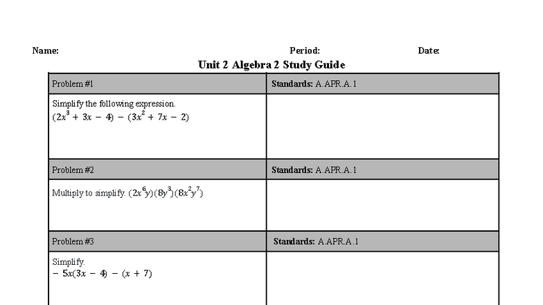 Algebra 2 Unit 2 Study Guide: Key Concepts & Problem Standards - Studocu