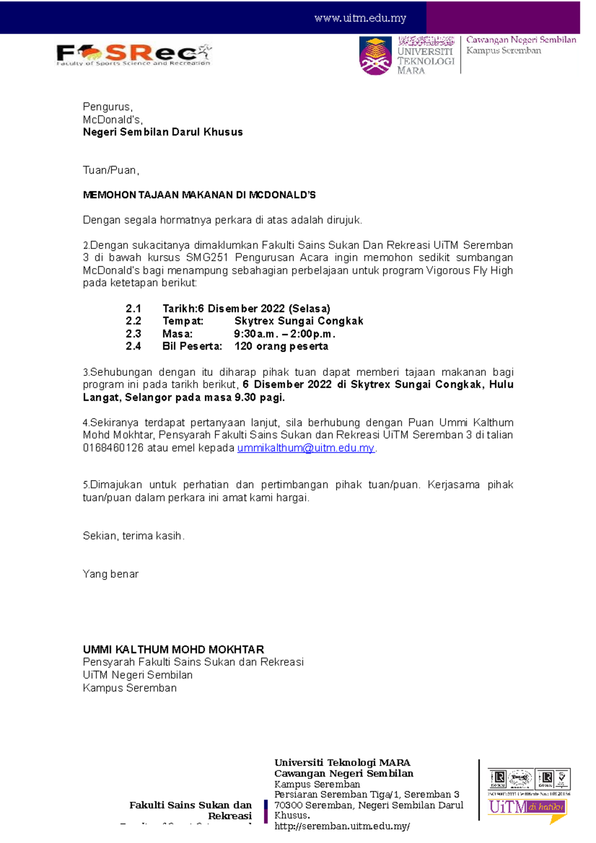 Surat Permohonan Tajaan Makanan untuk Program SMG251 - Studocu