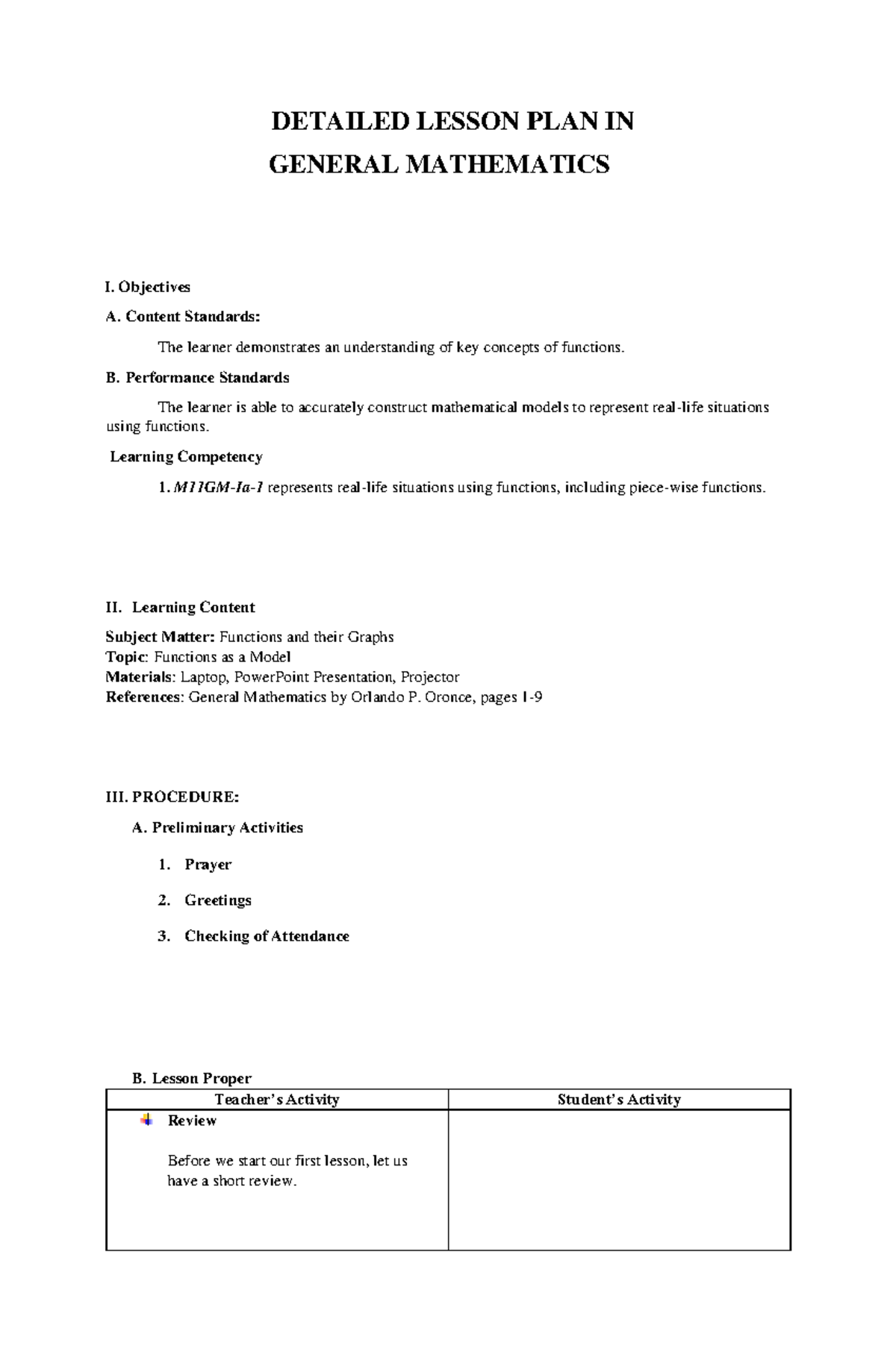 Detailed Lesson Plan: Functions in General Mathematics (M11GM-Ia-1 ...