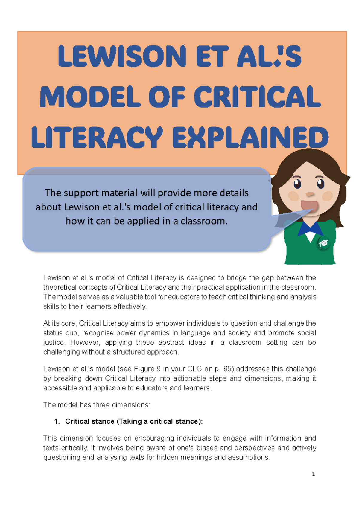 Lewison et al.'s Model of Critical Literacy Explained: Classroom ...
