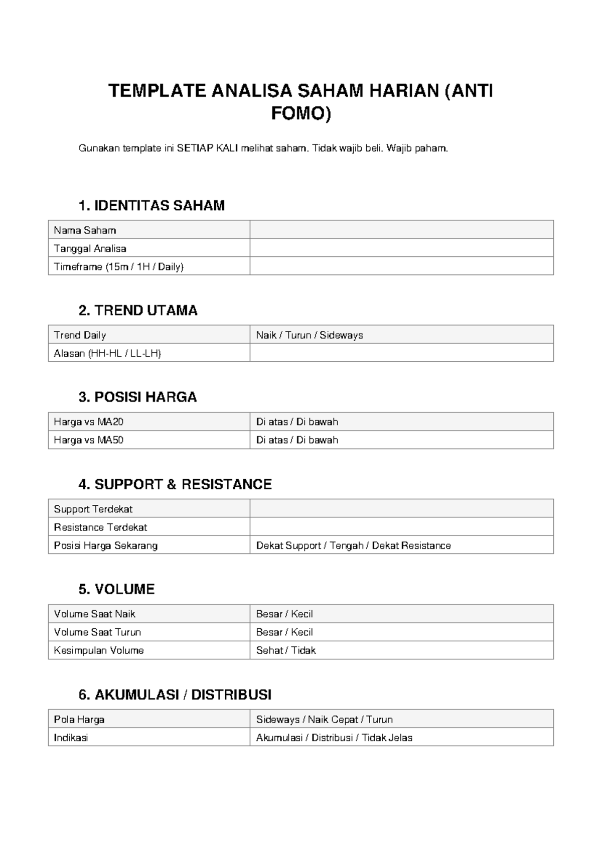 TEMPLATE ANALISA SAHAM HARIAN (ANTI FOMO) - Panduan Lengkap - Studocu