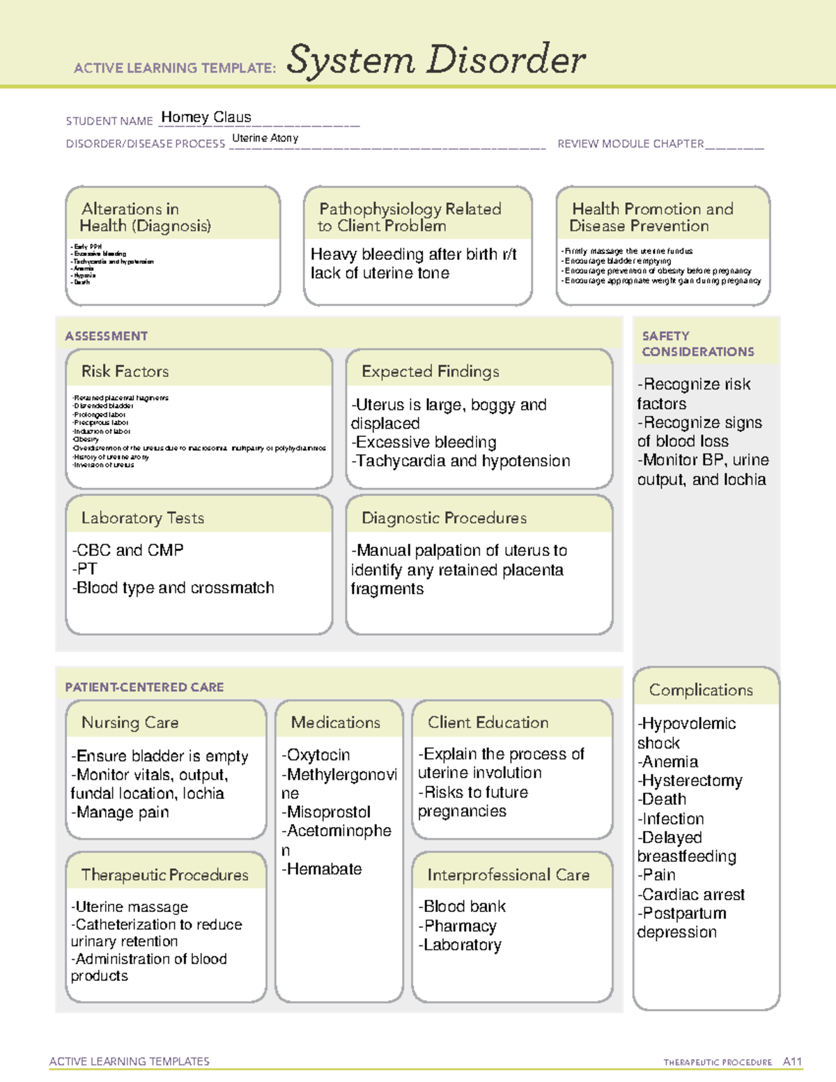 Uterine Atony: Active Learning Template for System Disorder Care - Studocu
