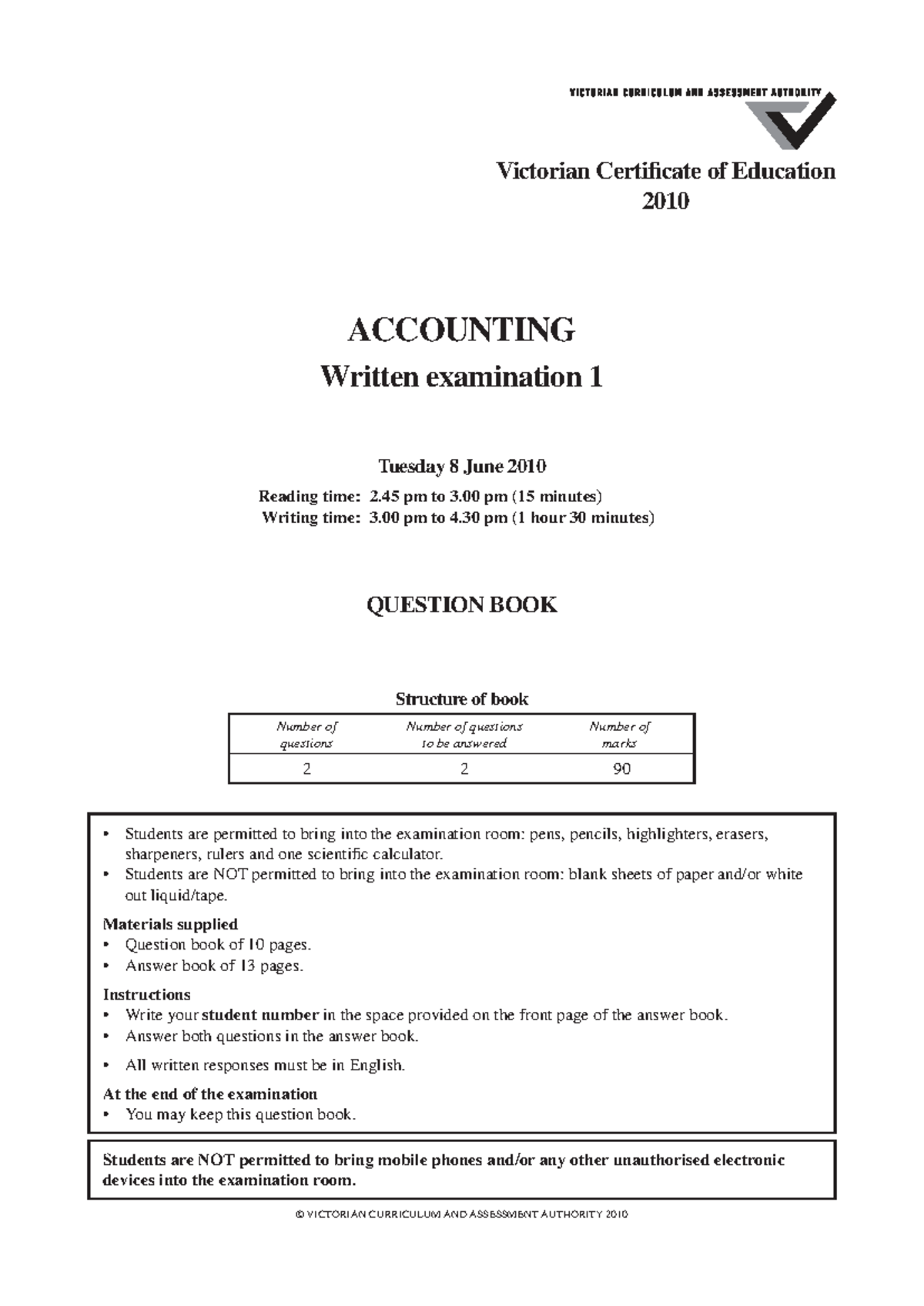 2010 VCE ACCOUNTING Unit 3 Exam Practice Questions - Studocu