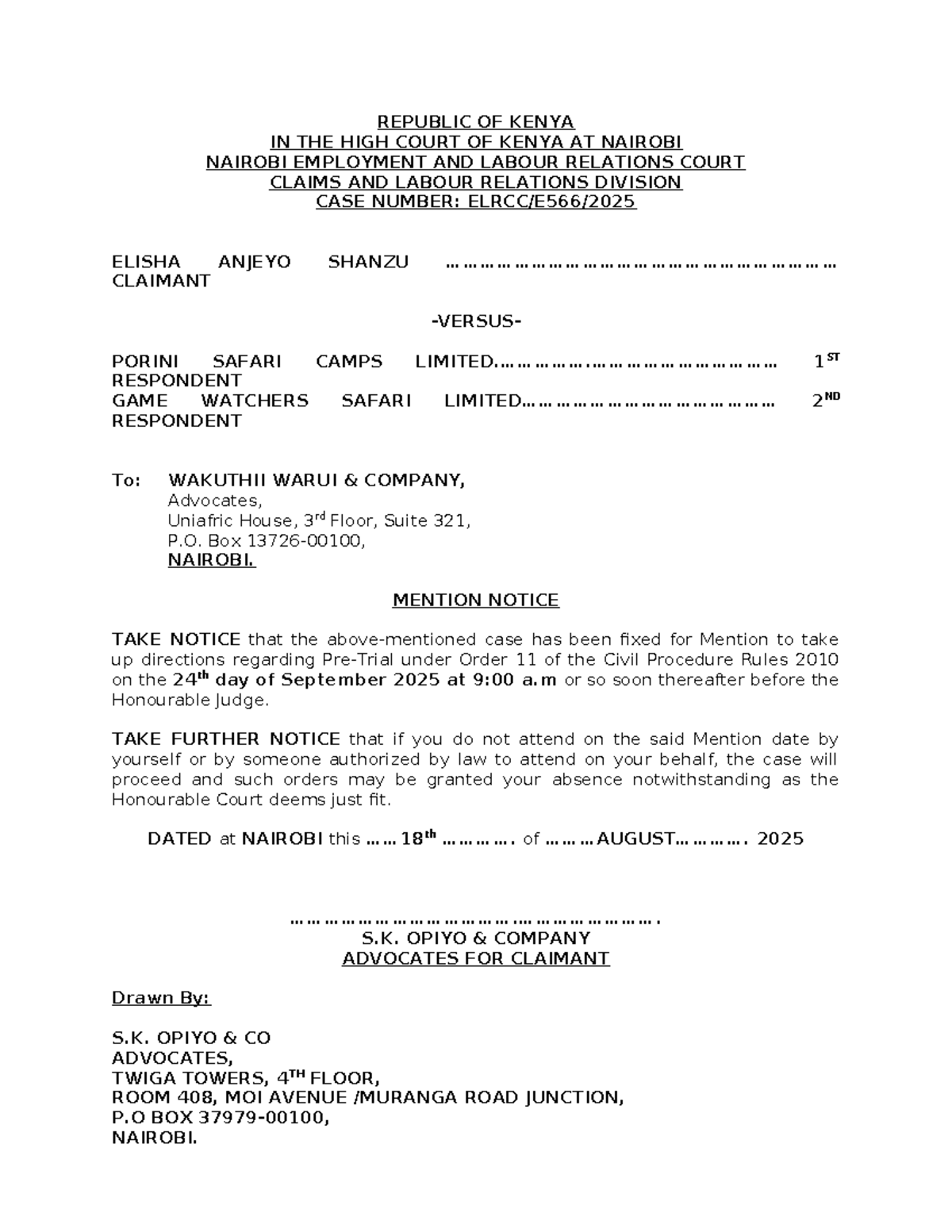Mention Notice for Elisha Anjeyo vs. Shanzu Porini Safari Camps - Studocu