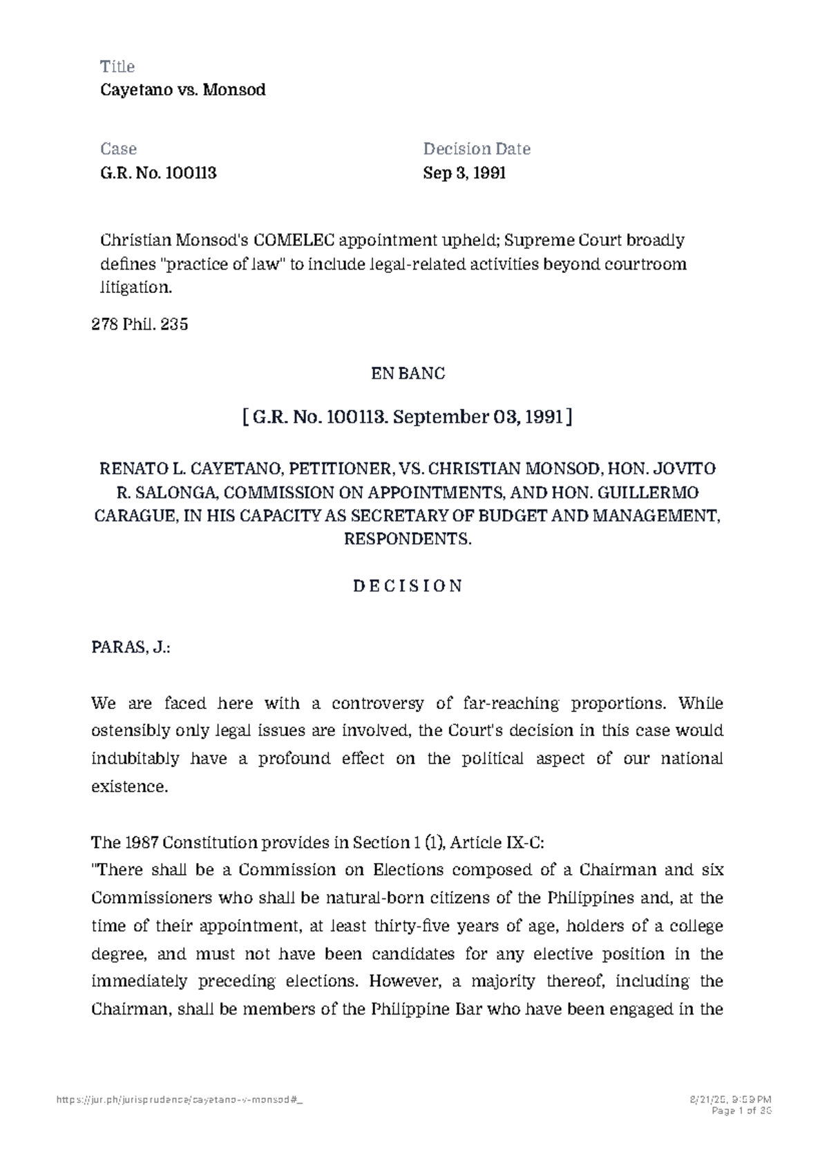 Cayetano vs. Monsod Case G.R. No. 100113: Landmark Decision on Legal ...
