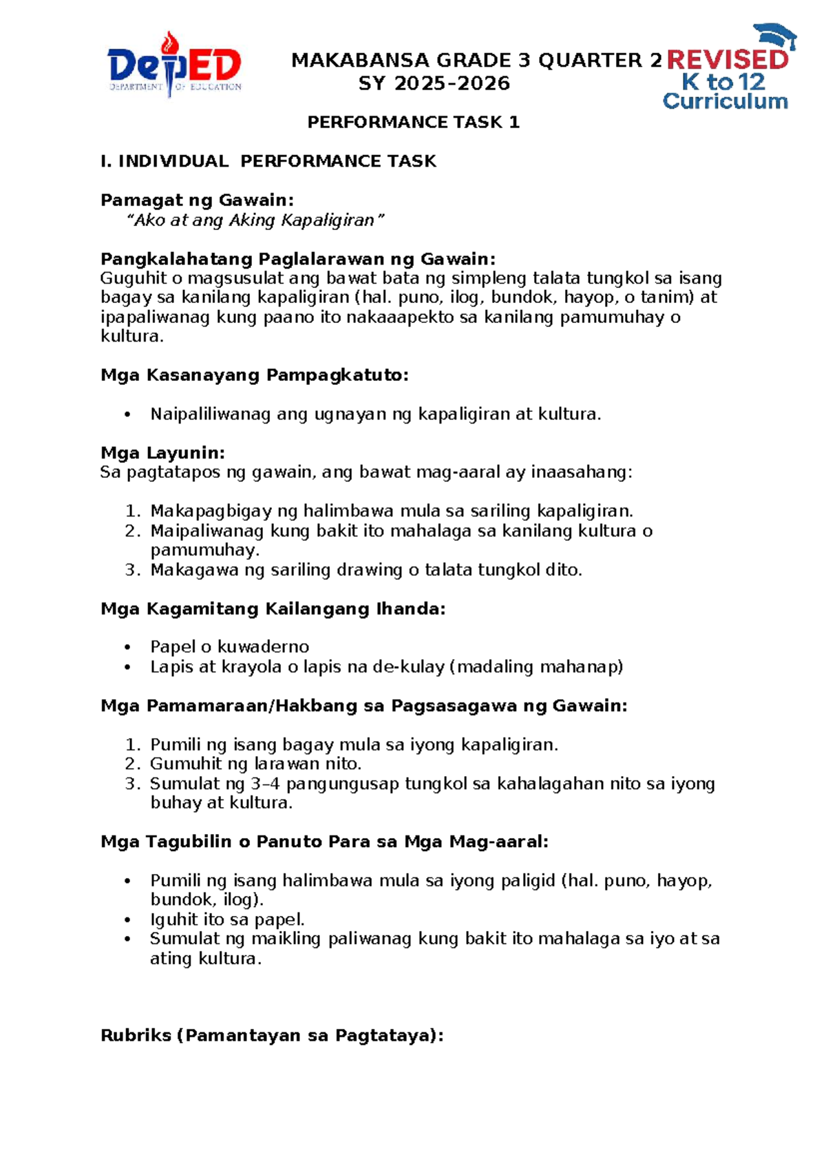 Makabansa G3 Q2 SY Performance Task 1: Kapaligiran at Kultura - Studocu