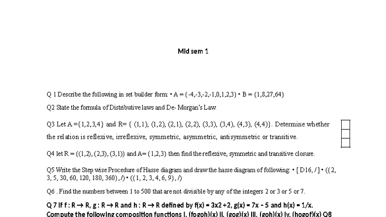 Discrete Math Midterm 1: Set Builder, Laws, Relations & Functions - Studocu