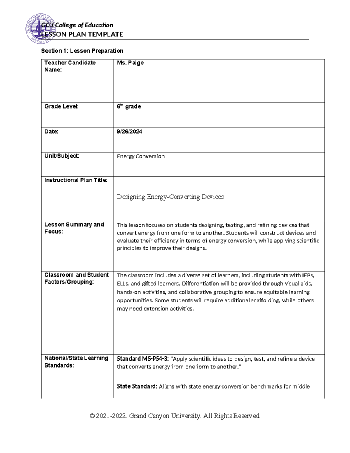 Science lesson plan - LESSON PLAN TEMPLATE Section 1: Lesson ...