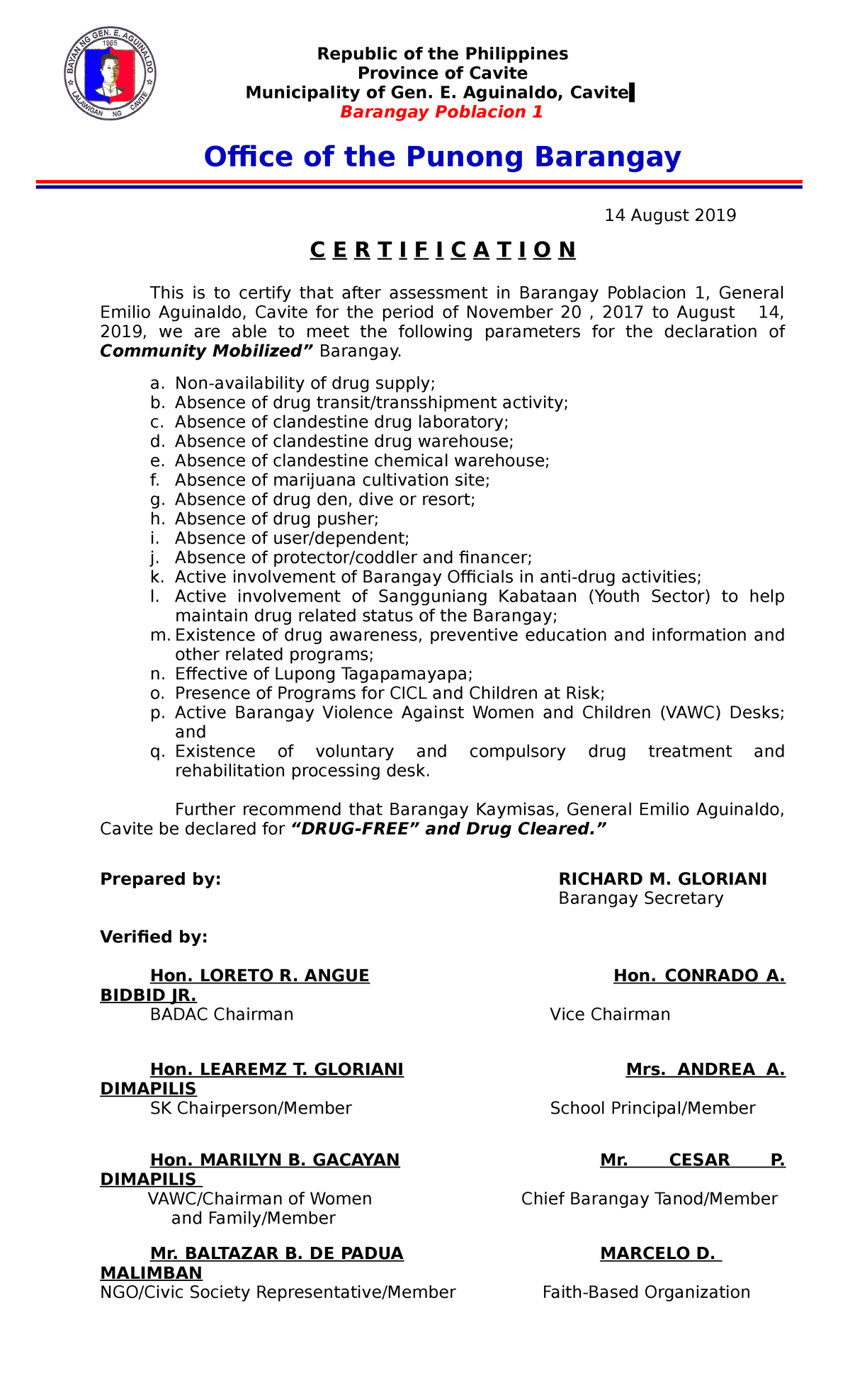 Certification DRUG FREE - Republic of the Philippines Province of ...