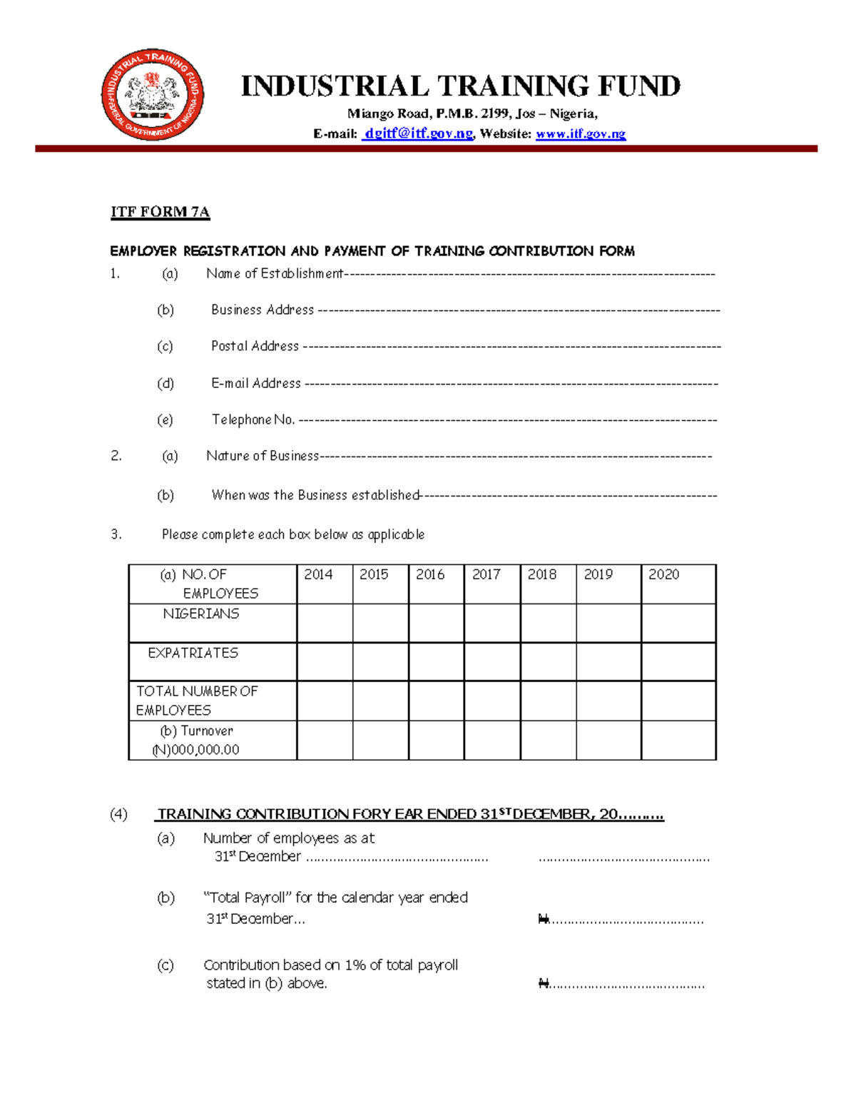 ITF Form 7A: Employer Registration & Training Contribution Guide - Studocu