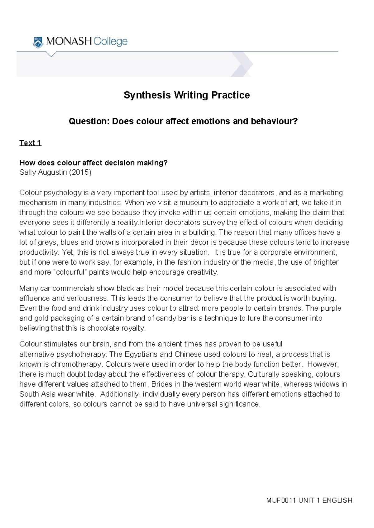 Synthesis Practice 1: Exploring Colour Psychology and Emotions MUF0011 ...