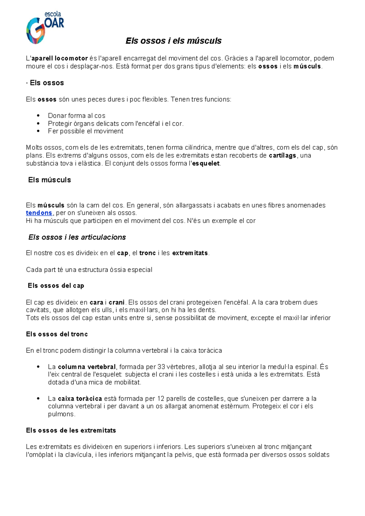 Els ossos i els músculs: Apunts 1r ESO sobre el moviment del cos - Studocu