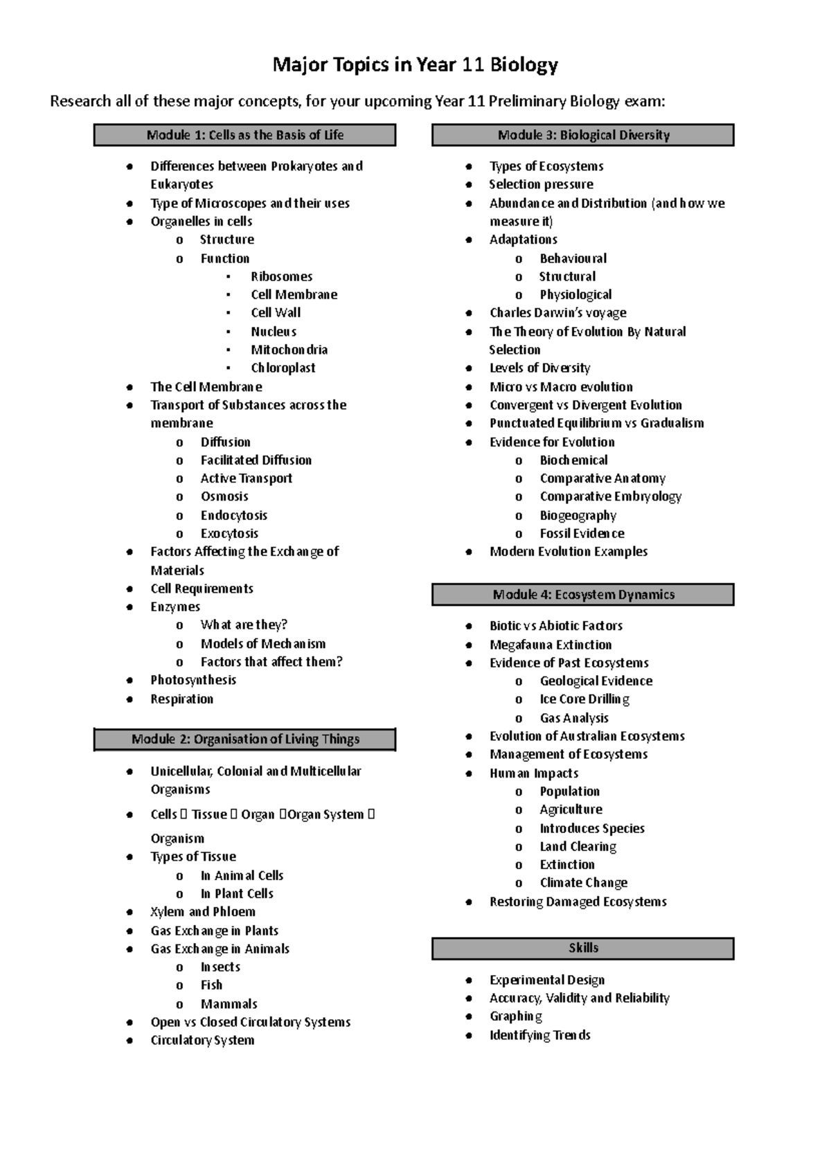 Year 11 Biology Major Topics Review for Preliminary Exam - Studocu