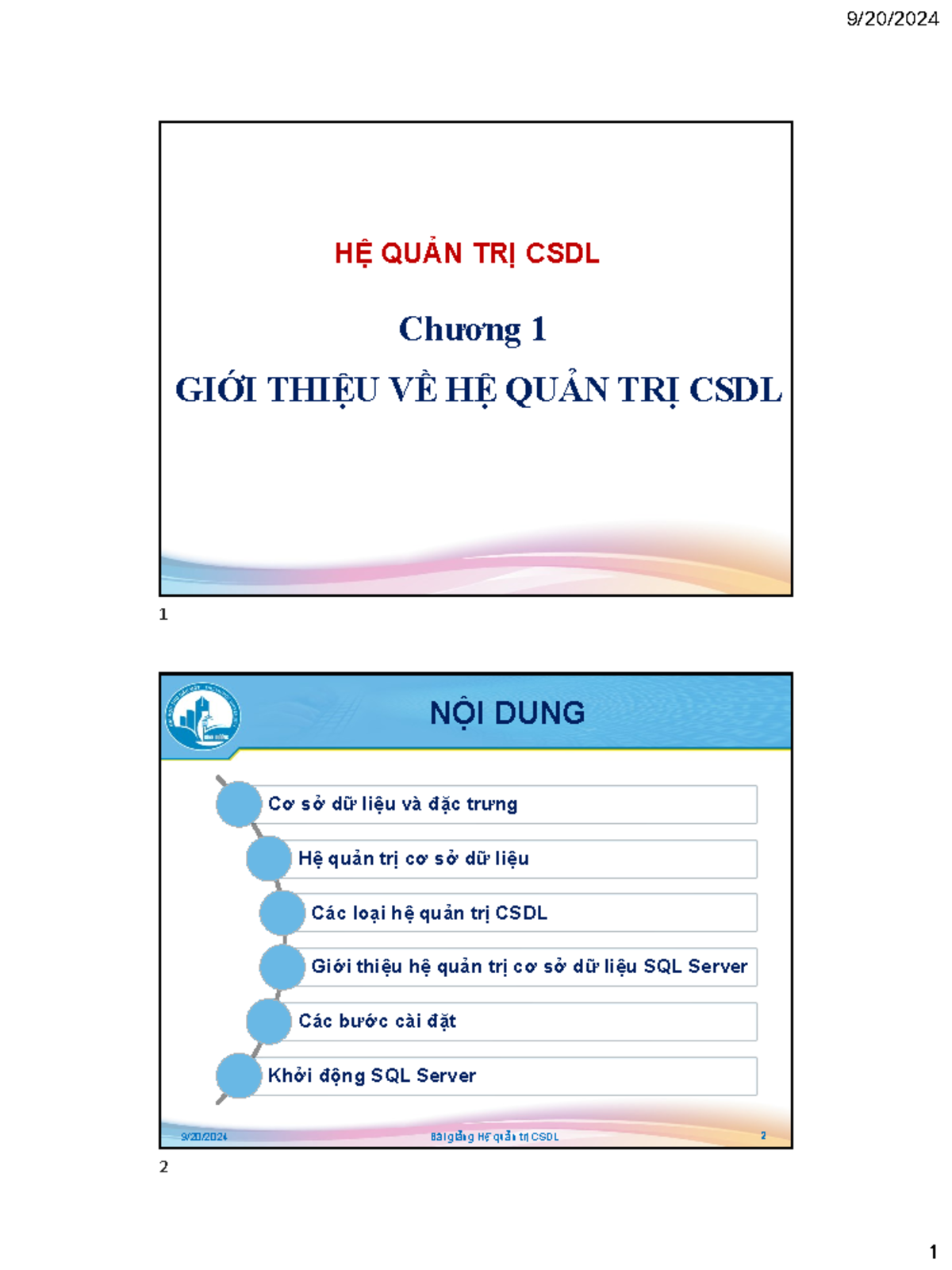 HỆ QUẢN TRỊ CSDL - Chương 1: Giới Thiệu và Cài Đặt SQL Server - Studocu