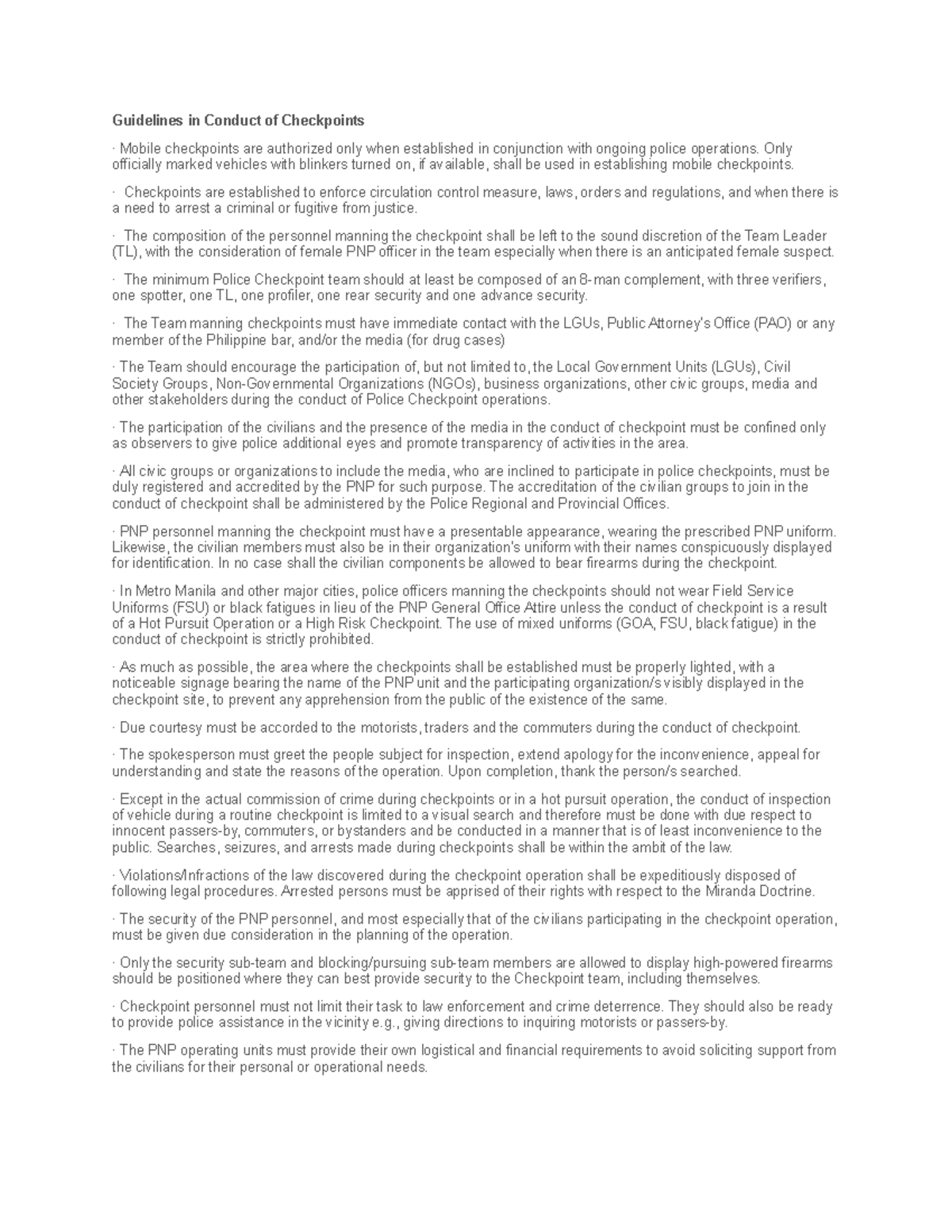 Week 4 - FOR Bs Criminology - Guidelines in Conduct of Checkpoints ...