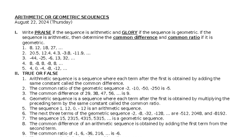 ARITHMETIC OR GEOMETRIC SEQUENCES - Practice Questions - Studocu