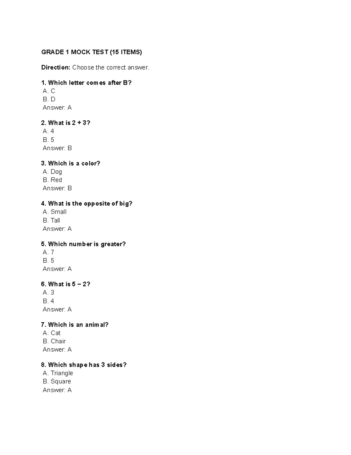 Grade 1 Mock Test: 15 Items with Answer Choices - Studocu