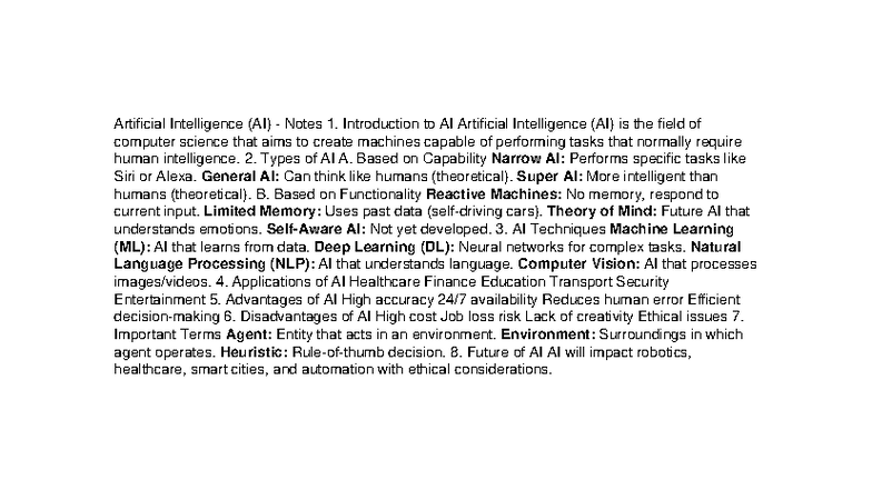 AI Notes: Introduction to Artificial Intelligence (AI) Concepts - Studocu