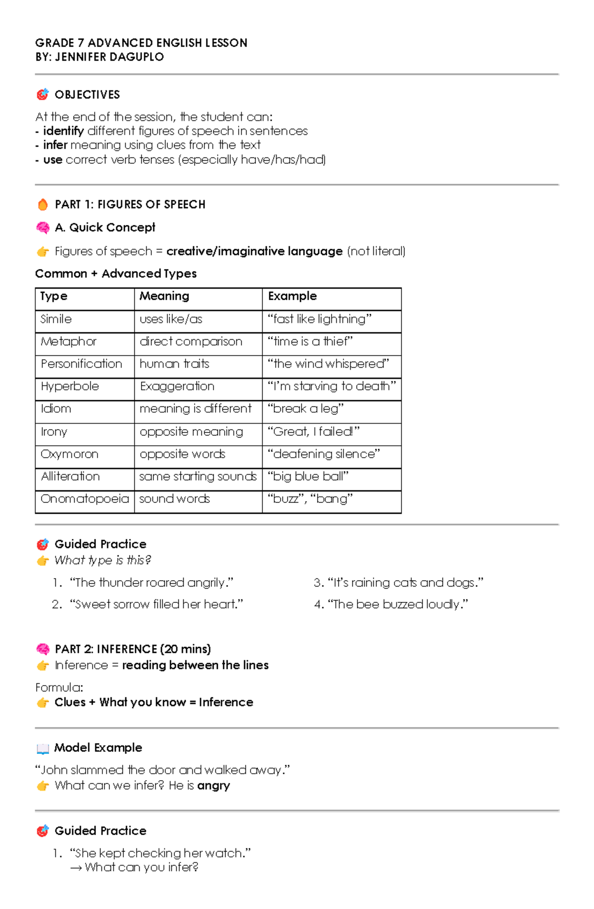 Grade 7 Advanced English Lesson: Figures of Speech & Inference - Studocu