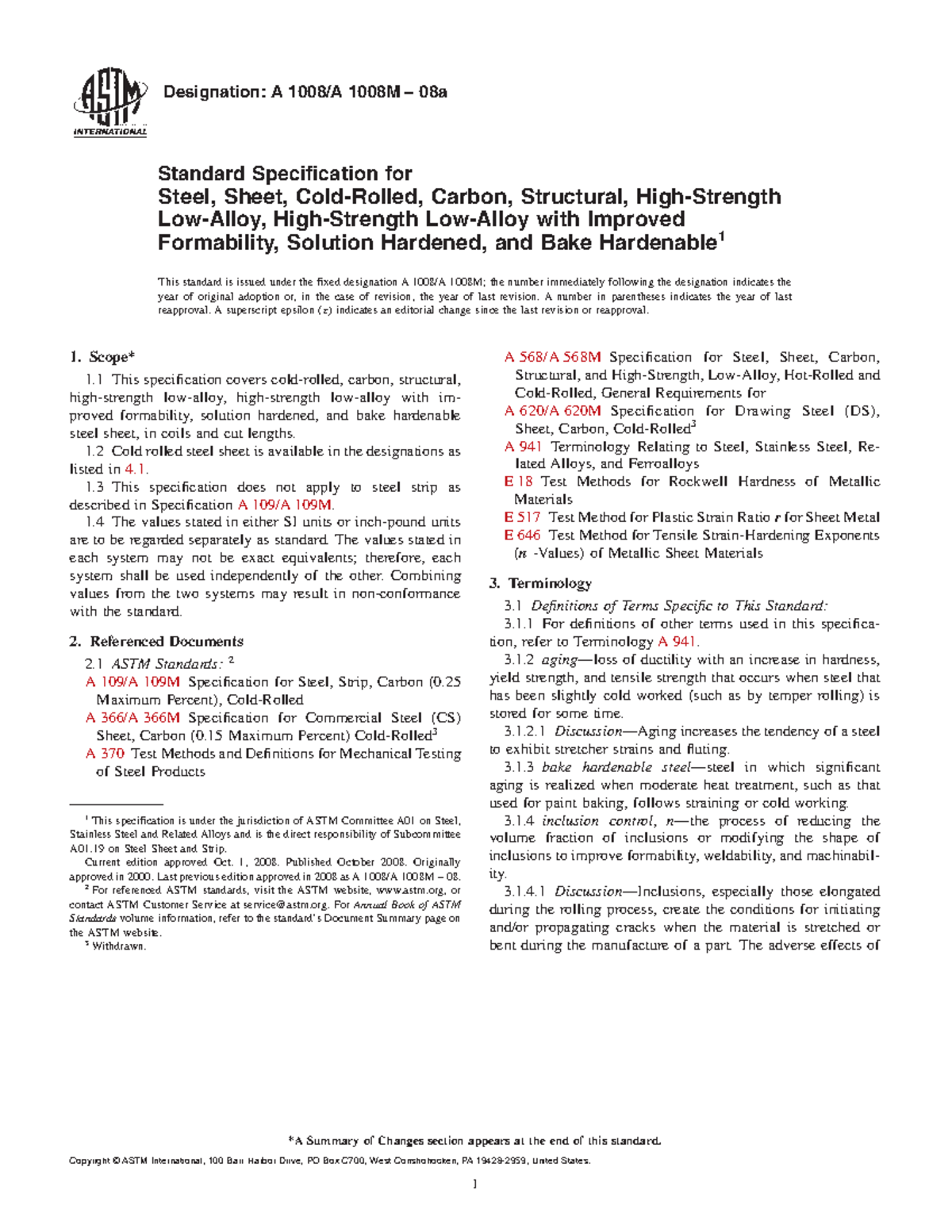 ASTM A1008 - Especificación para aceros rolados en frio - Designation ...