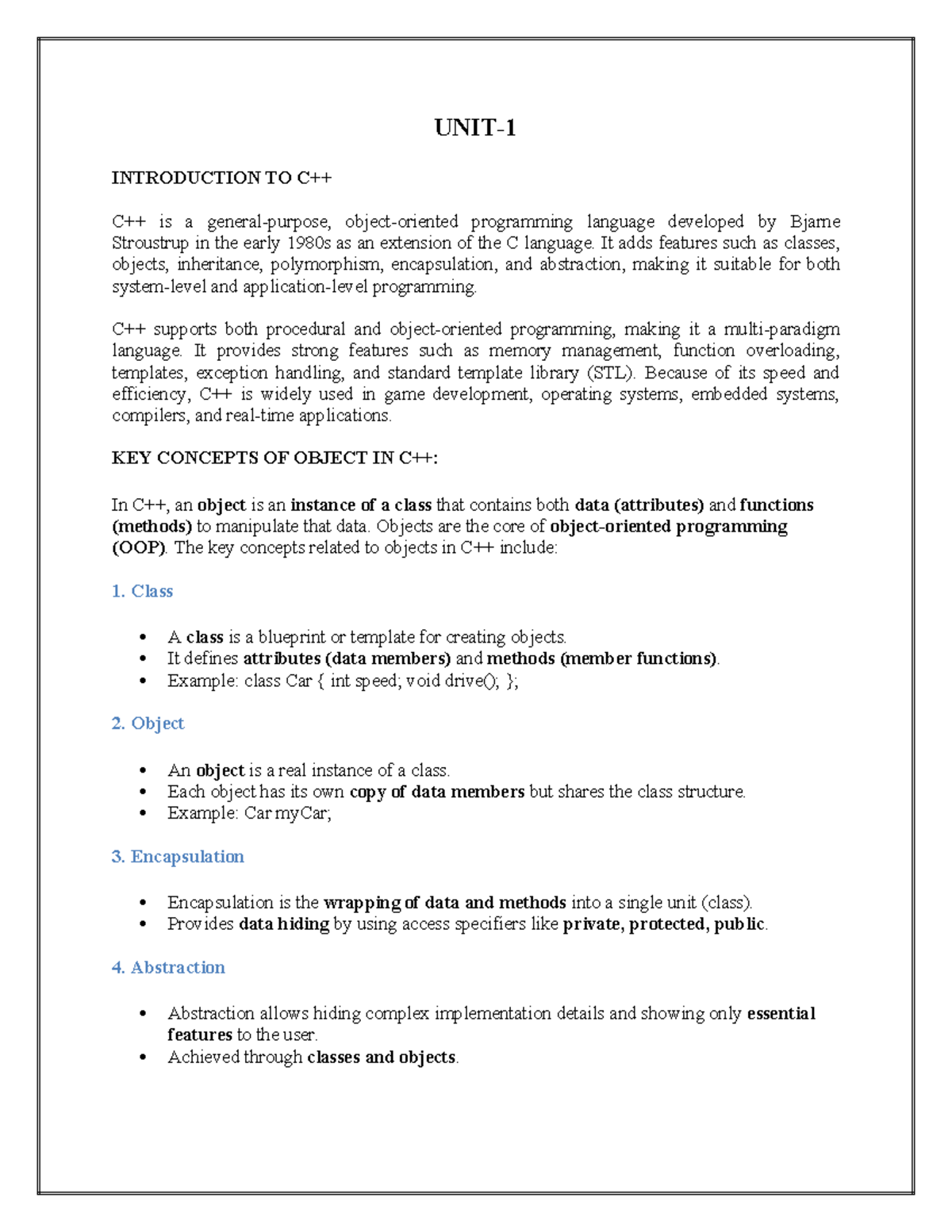 UNIT-1 C++: Introduction to Object-Oriented Programming Concepts - Studocu