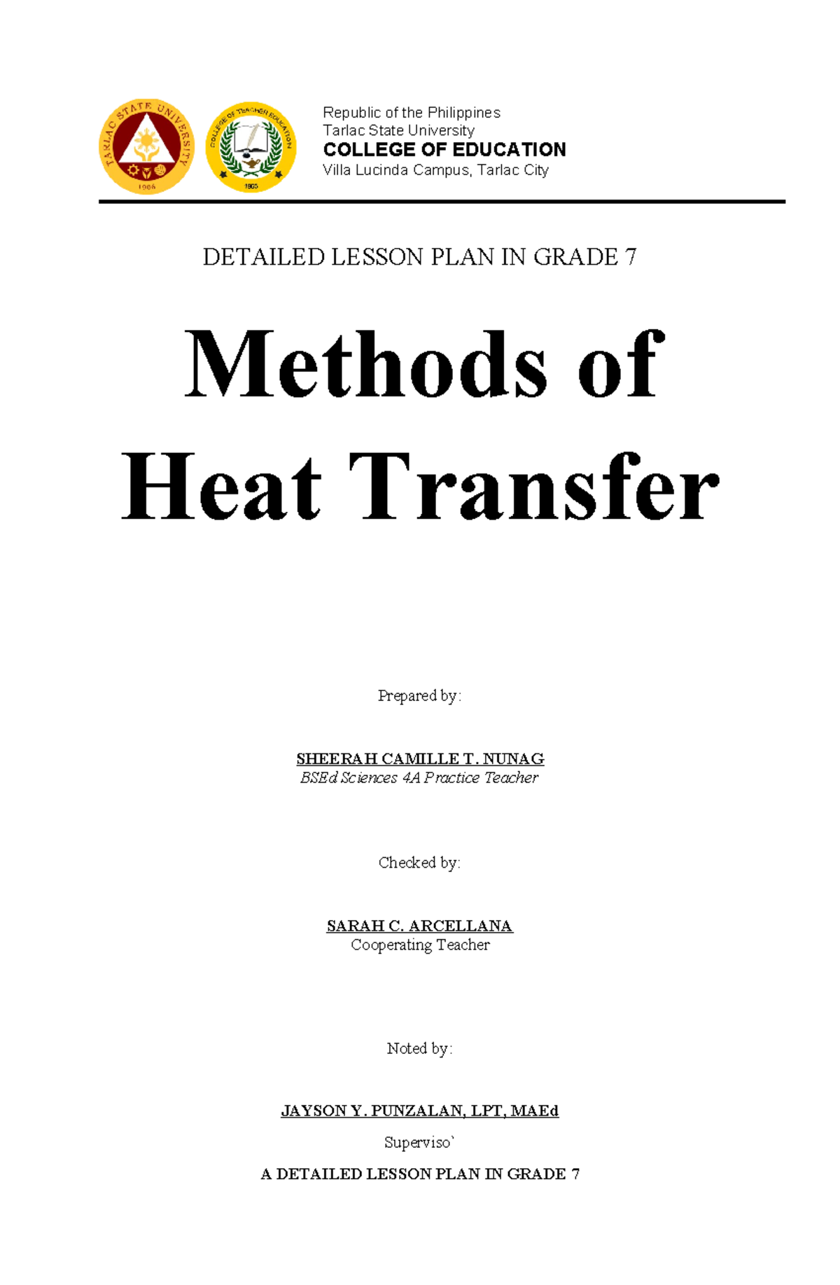 Detailed Lesson Plan on Methods of Heat Transfer (DLP7) - Studocu