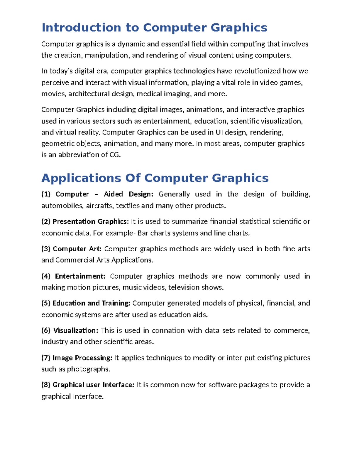 CG 101: Introduction to Computer Graphics and Its Applications - Studocu
