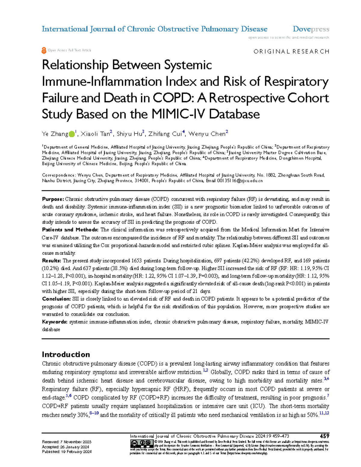 Relationship Between Systemic Index and COPD Outcomes: A Retrospective ...