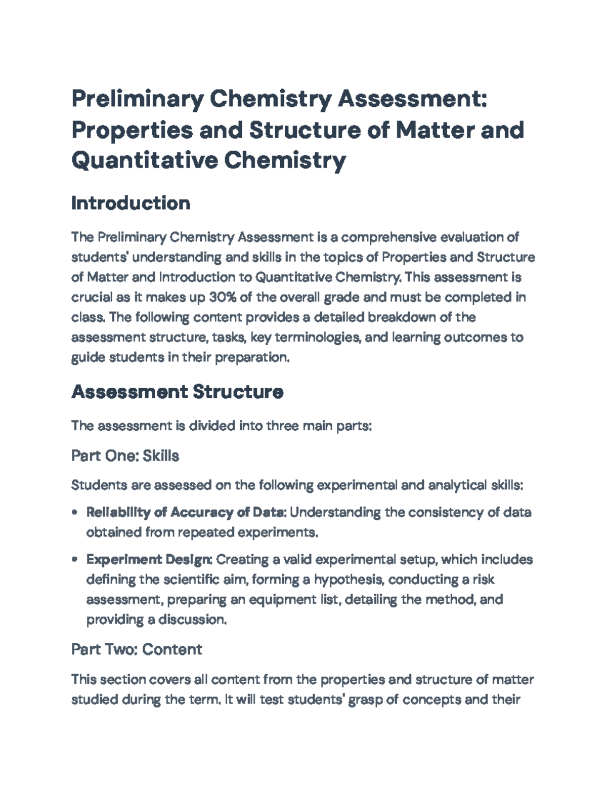 Preliminary Chemistry Assessment: Matter Properties & Quantitative ...