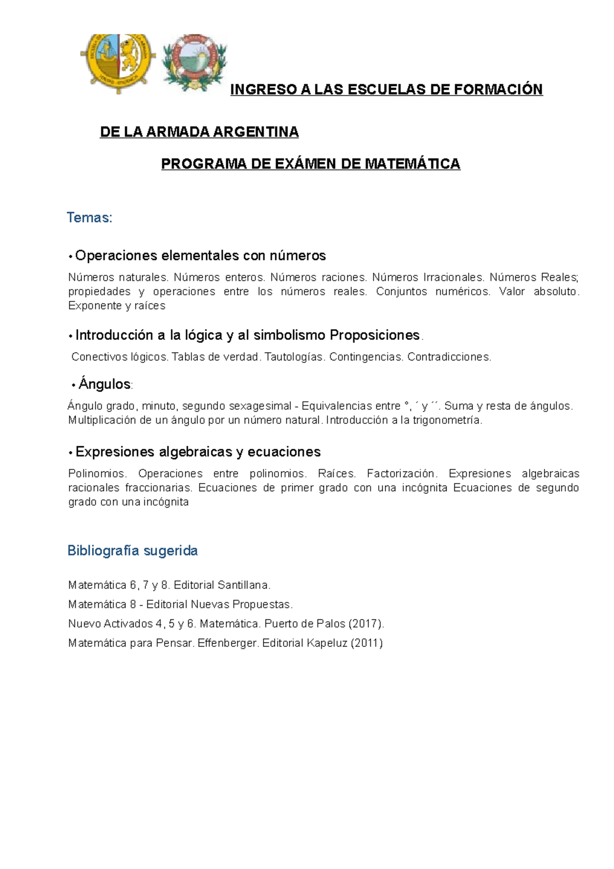 Programa de Examen de Matemática - Armada Argentina - Studocu