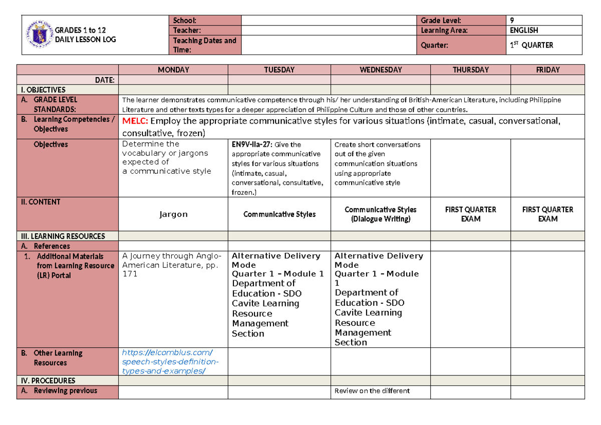 weekly learning plan - MONDAY TUESDAY WEDNESDAY THURSDAY FRIDAY DATE: I ...