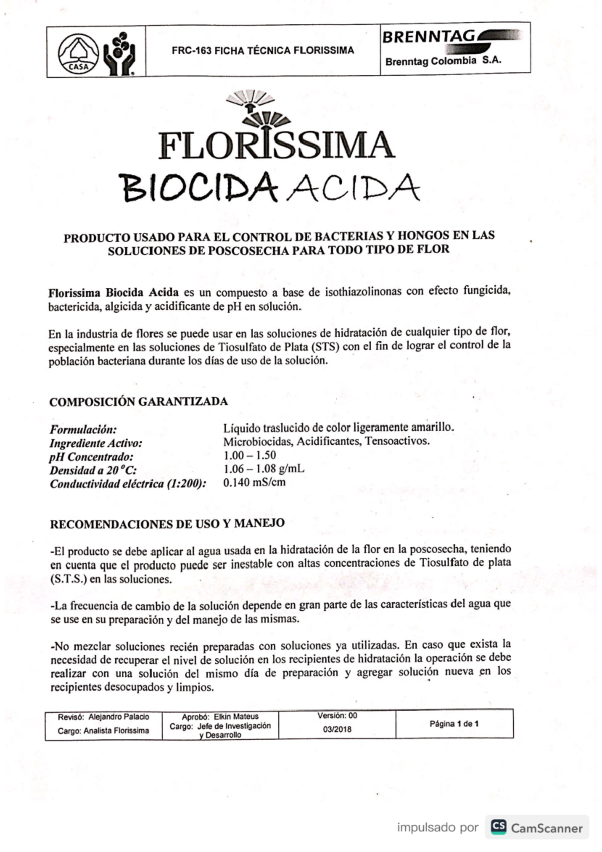 Ficha Técnica de Florissima Biocida Acida - Control de Bacterias y ...