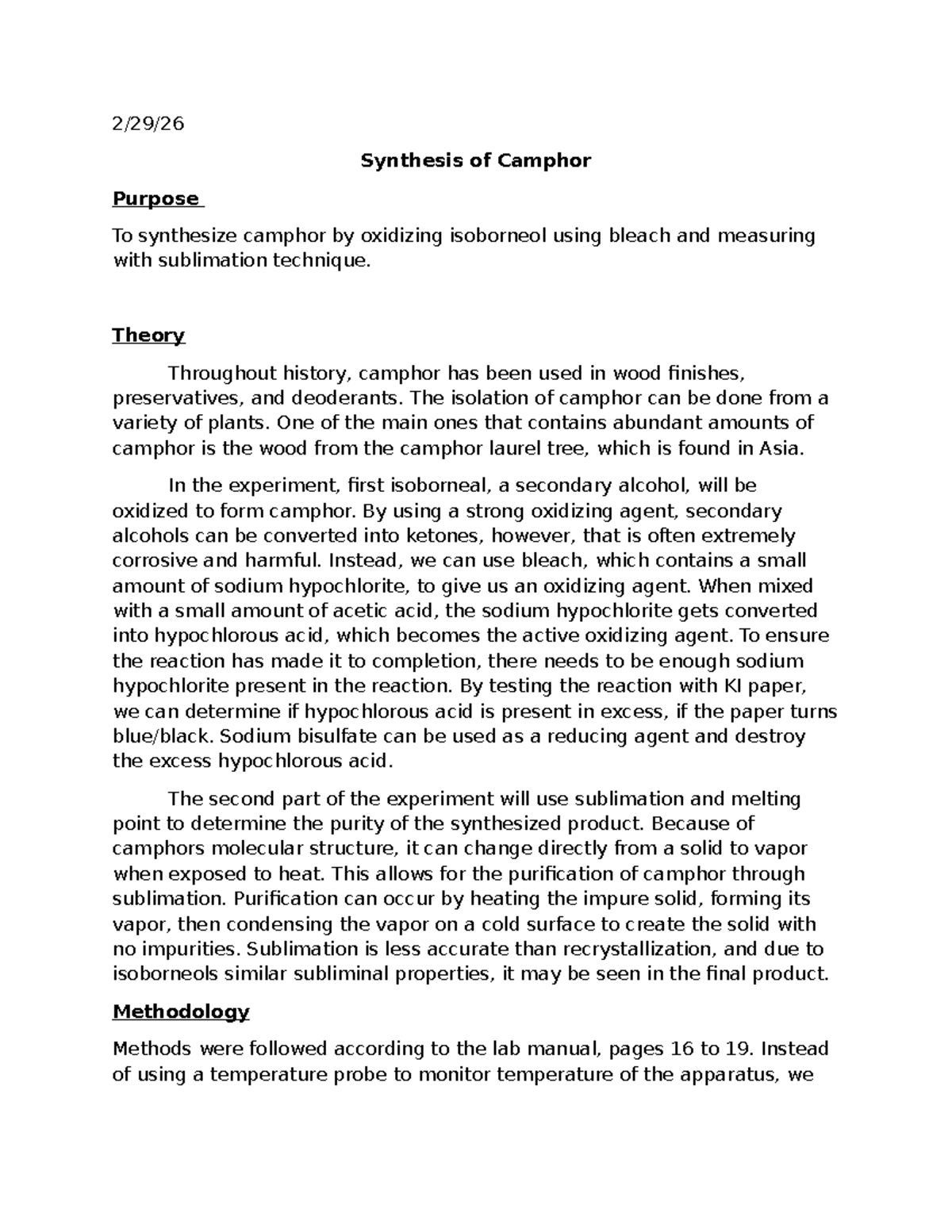 Experiment 3: Synthesis of Camphor via Isoborneol Oxidation - Studocu