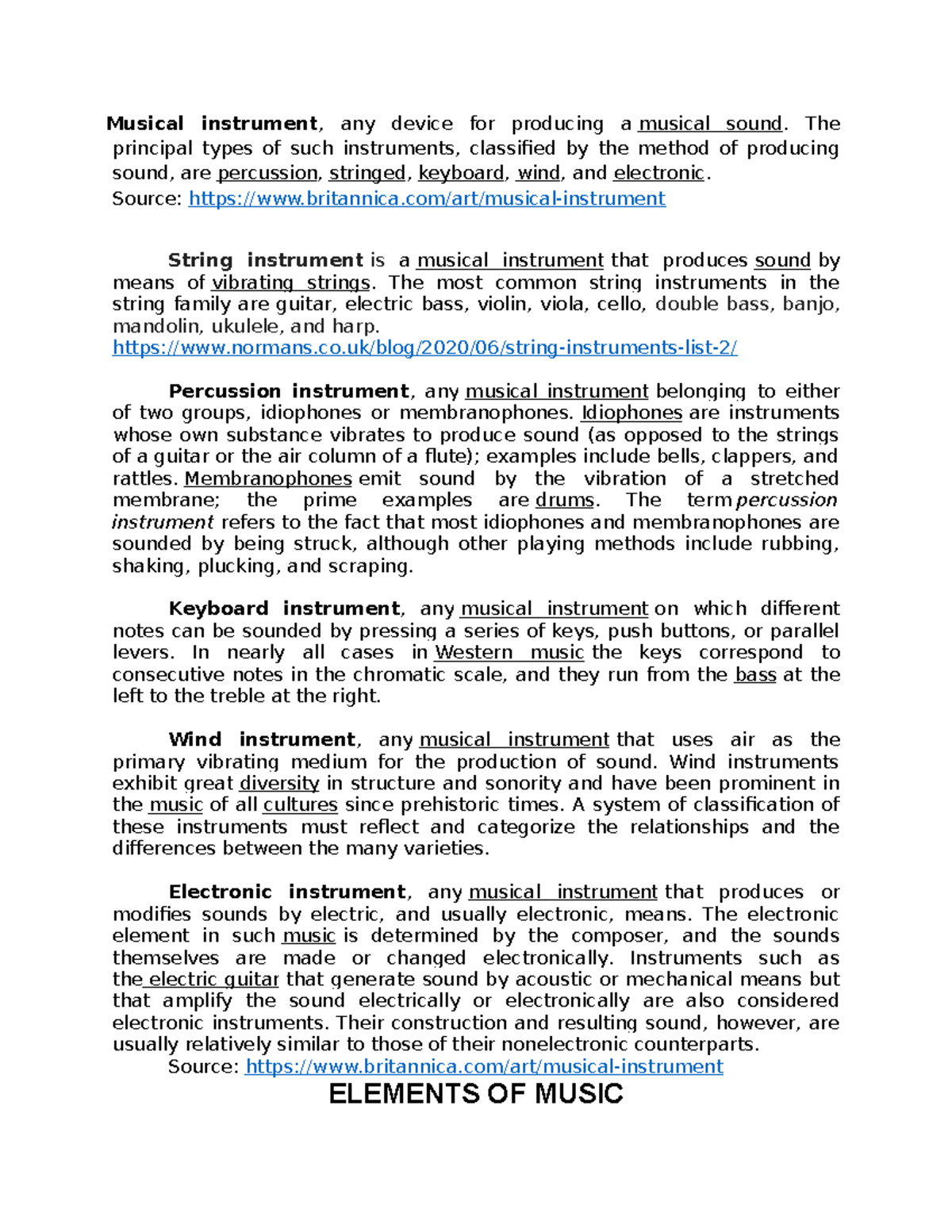 Musical Instruments and Elements of Music: Lesson Plan Overview - Studocu