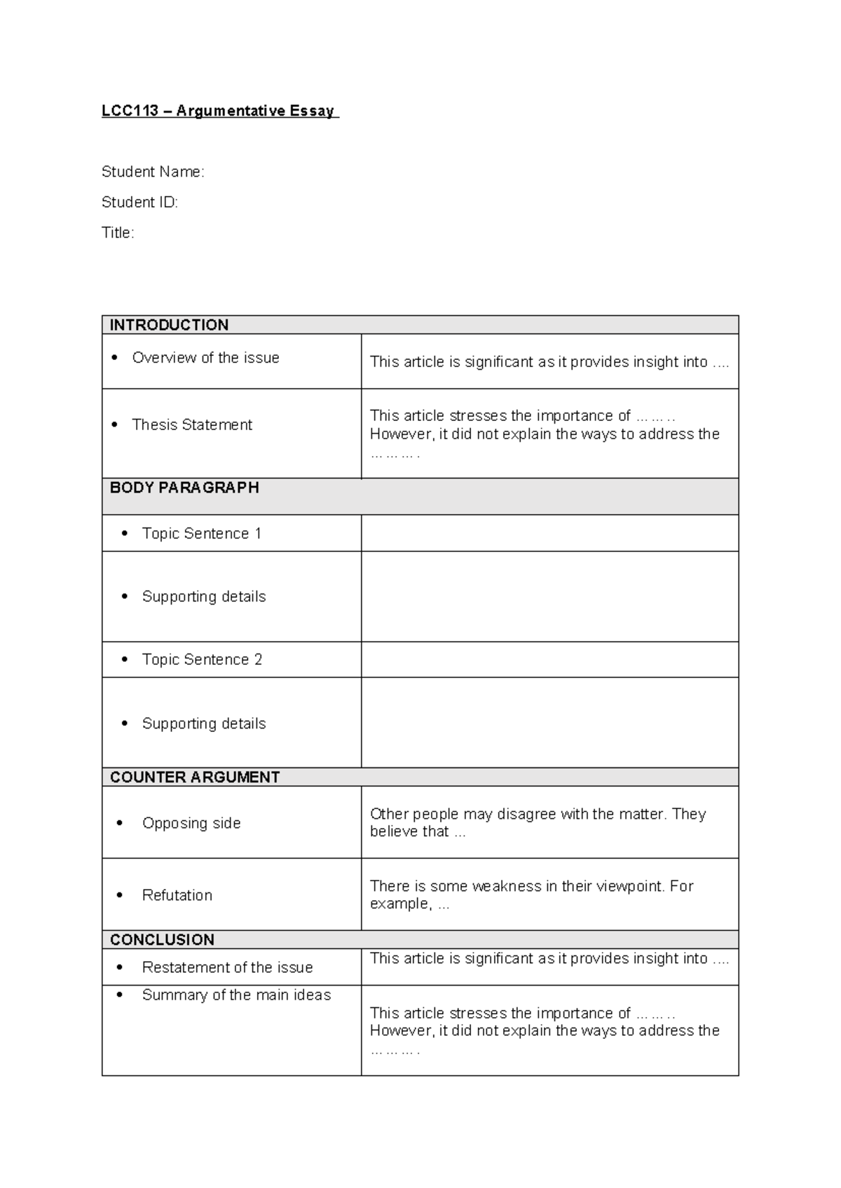 Copy of Week 9a Argumentative Essay - template - LCC113 – Argumentative ...