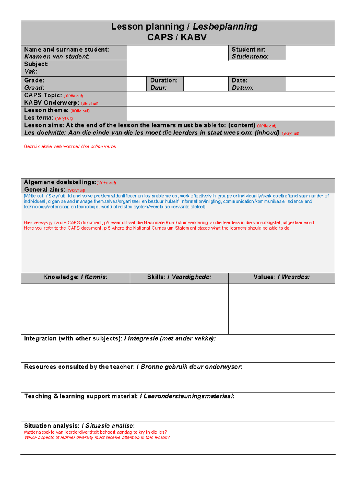 EBW, LO BO Lessonplanning CAPS - Lesson planning / Lesbeplanning CAPS ...
