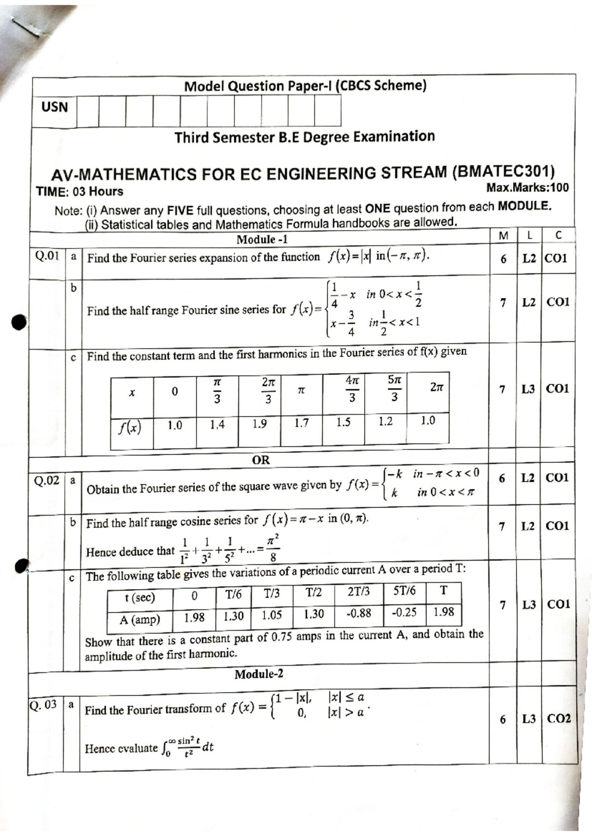 BMATEC 301 - Model Question Paper for EC Engineering (Final Exam) - Studocu